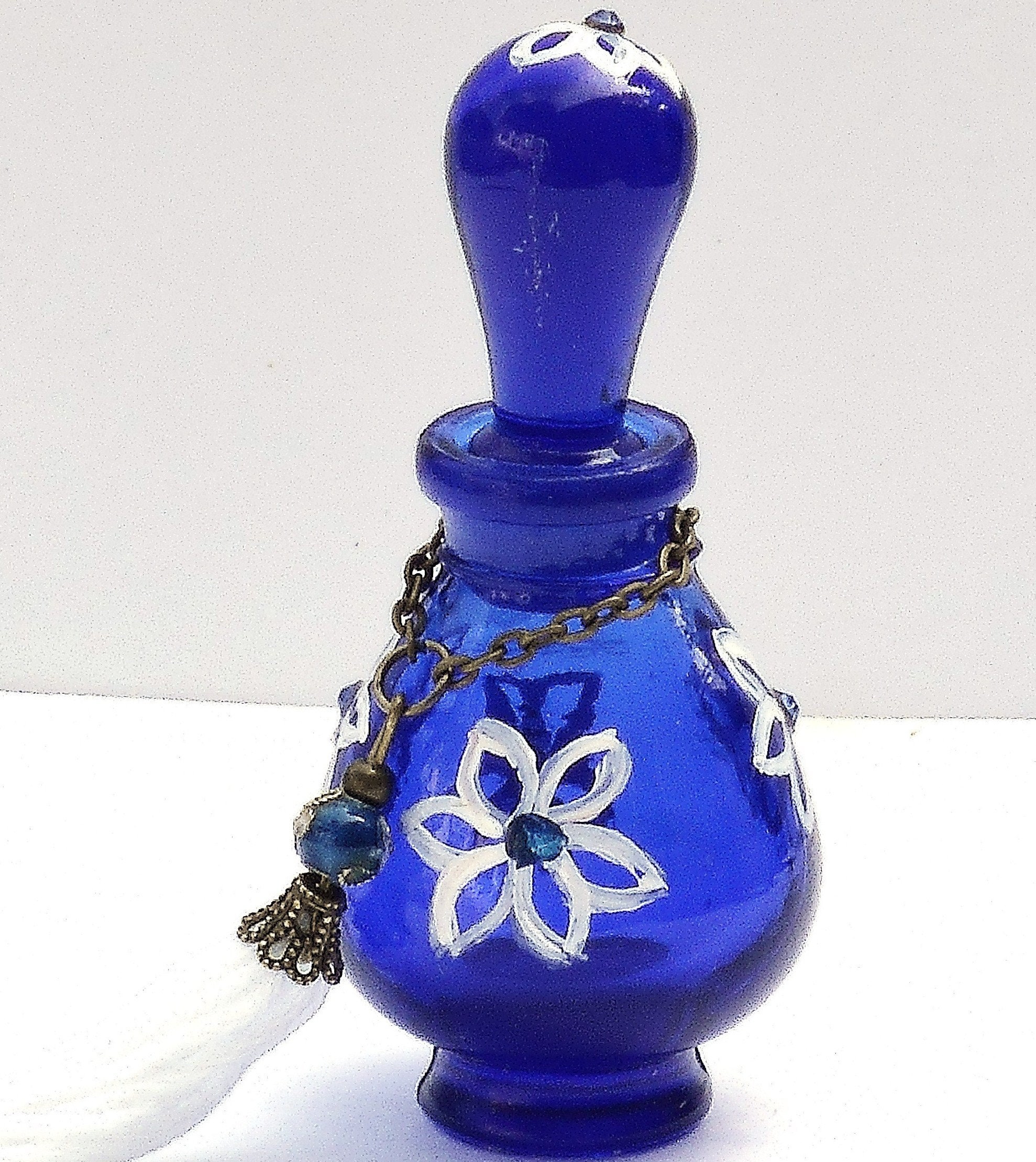 Mini Cobalt Blue Glass Perfume Bottle with Hand Painted White | Etsy