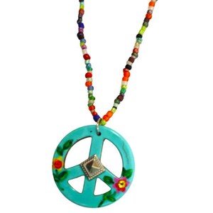 Long Beaded Peace Sign Pendant Necklace With Hand Painted Flowers ...