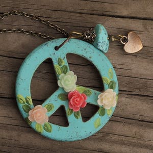 SALE Turquoise Peace Sign Pendant Necklace Bohemian Hippie - Etsy