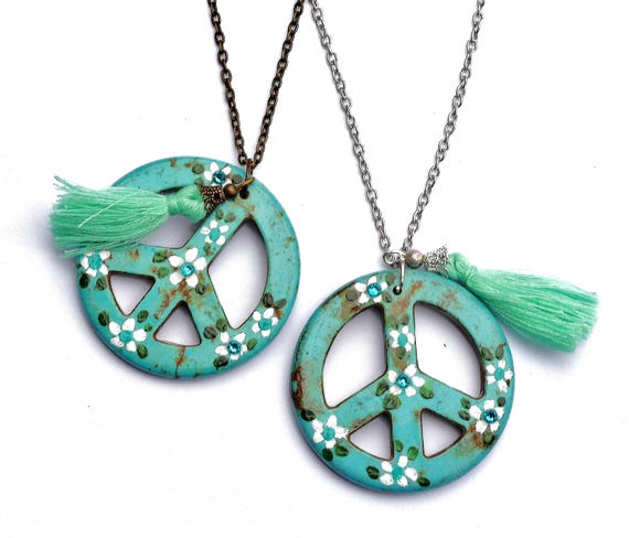 Long Boho Turquoise Peace Pendant Necklace With Hand Painted White Daisy Flowers Unique Bohemian Jewelry FREE SHIPPING Etsy