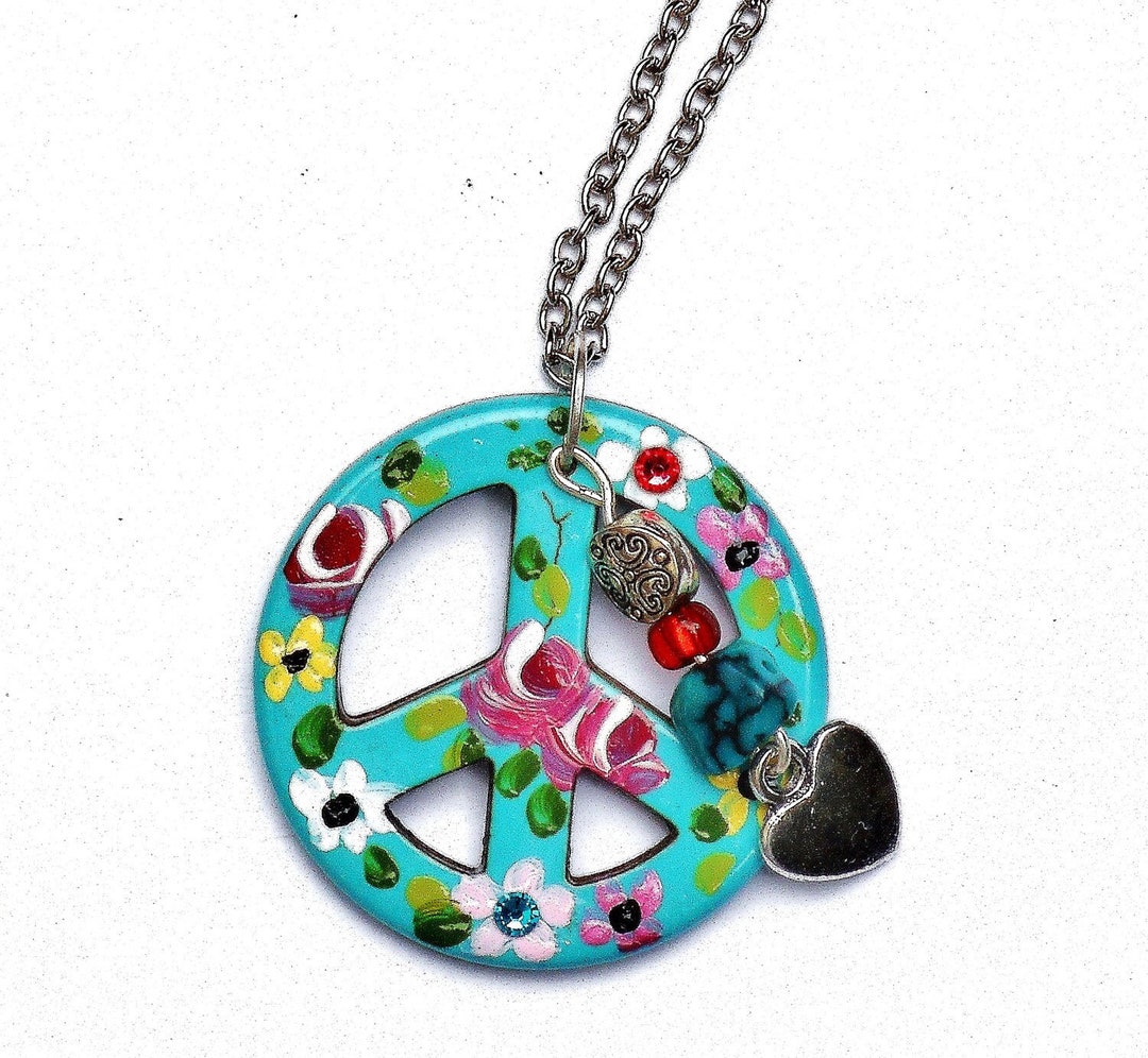 Turquoise Peace Sign Pendant Necklace, Hand-painted Flowers, Dangling ...