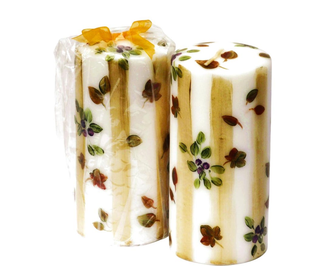 Hand Painted Fall Pillar Candle, Falling Leaves & Gold Stripes ...