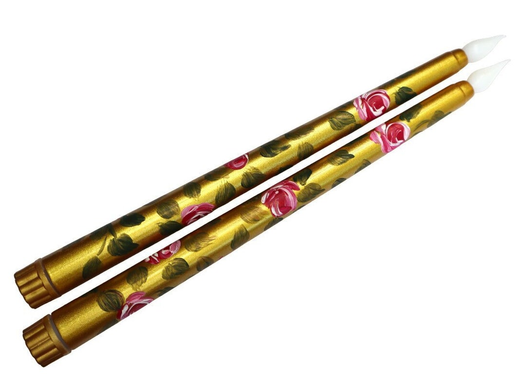 Hand Painted Rose Flameless Taper Candles: Romantic Elegant Gold Dining ...