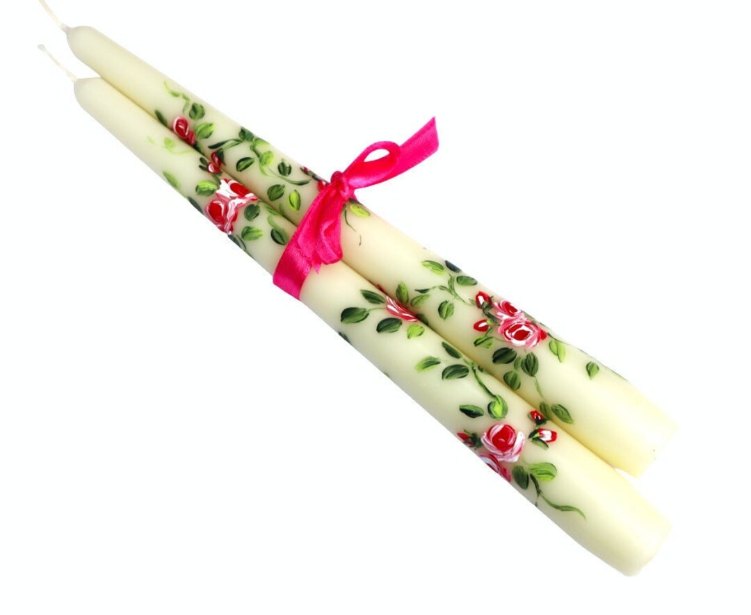 Hand Painted Pink Rose Taper Candles: Romantic Floral Home Decor - Etsy