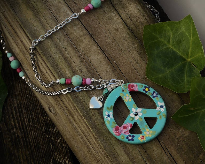 Large Peace Sign Necklace: Silver and Turquoise Magnesite Beads ...