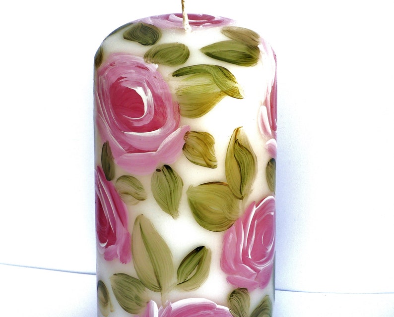 Painted Decorated Pillar Candle With Pale Pink Roses Romantic - Etsy