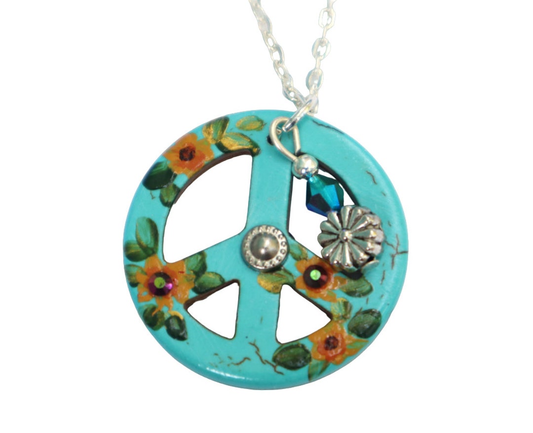 Large Bohemian Turquoise Peace Sign Pendant Long Boho Necklace Hand ...