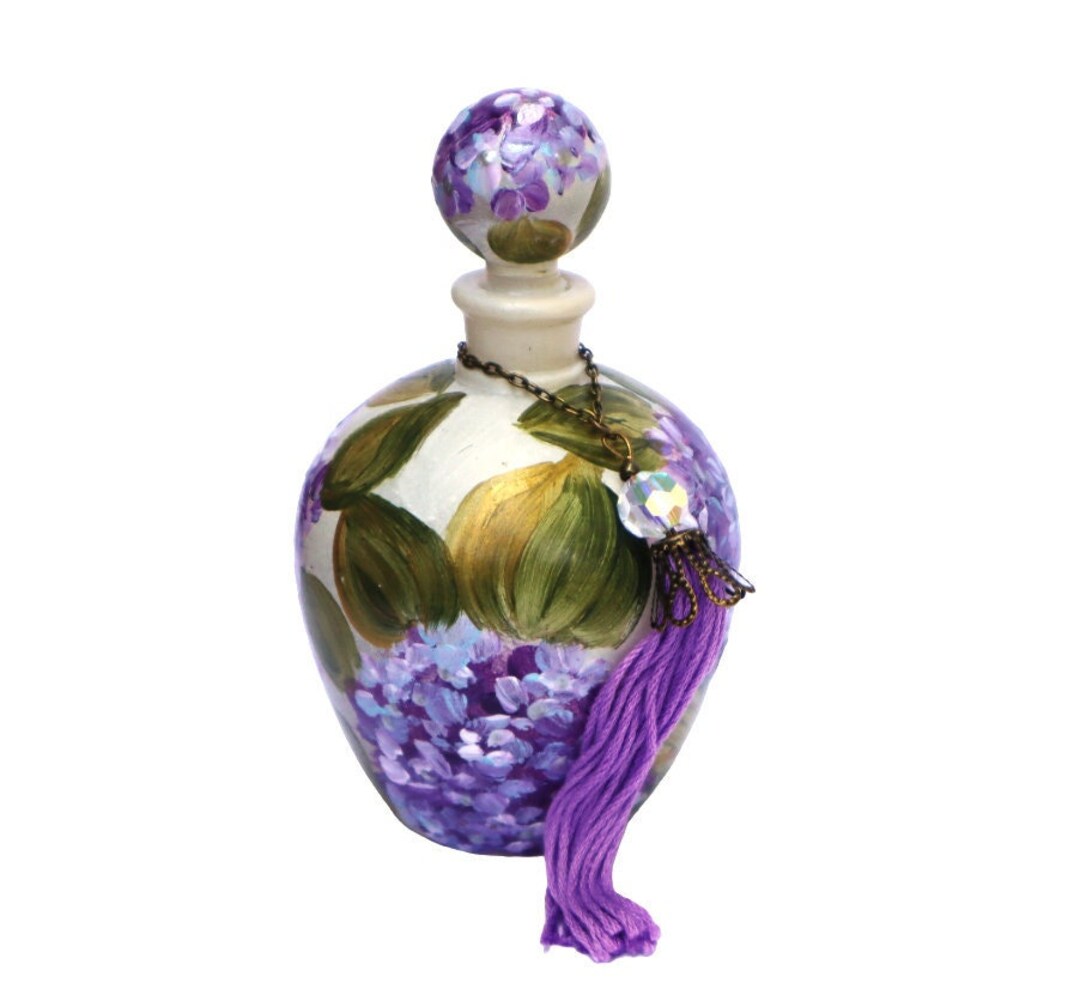 Painted Lavender Hydrangea Flower Glass Perfume Bottle With Stopper Cap ...
