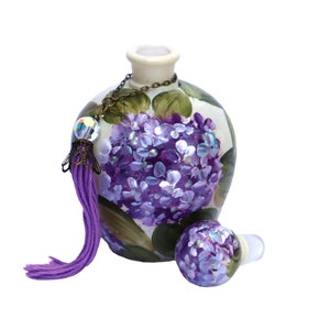 Painted Lavender Hydrangea Flower Glass Perfume Bottle With Stopper Cap ...