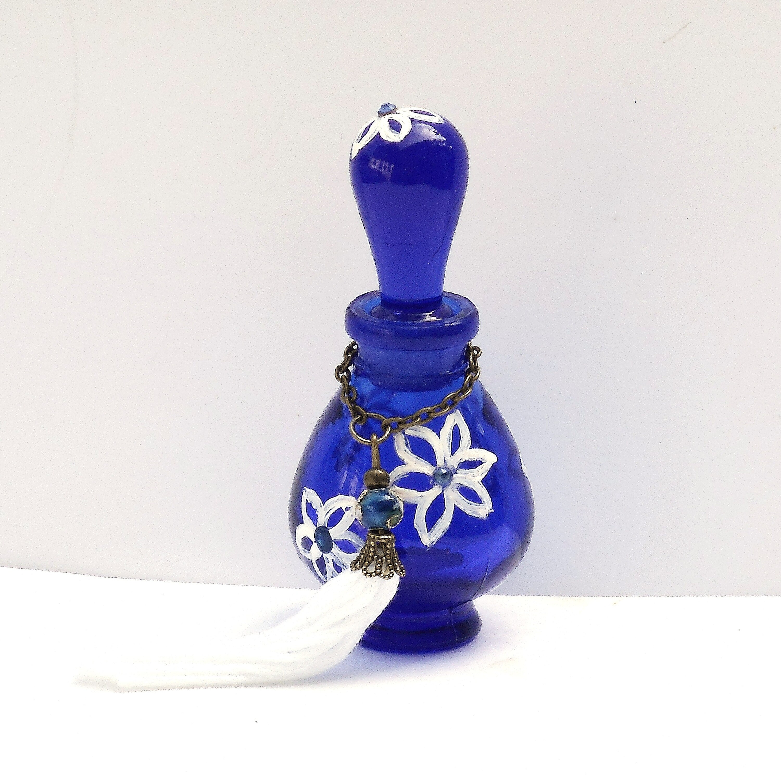 Mini Cobalt Blue Glass Perfume Bottle with Hand Painted White | Etsy