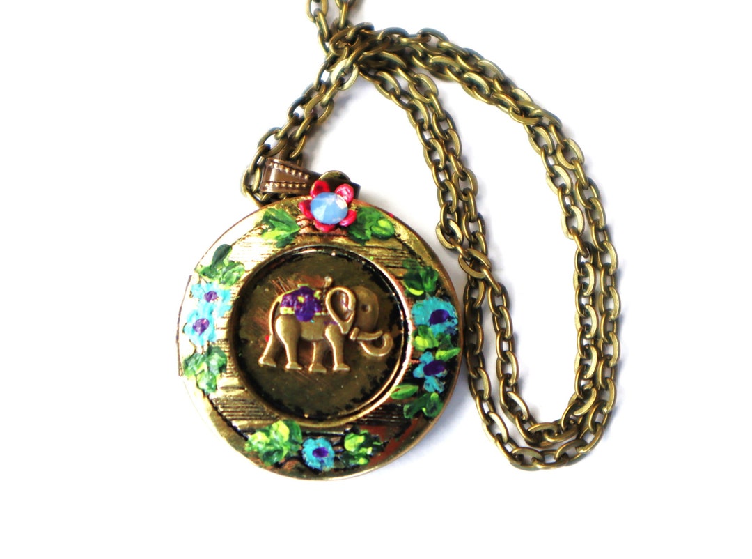 Antiqued Gold Elephant Locket Necklace: Hand-painted Floral Indian Boho ...