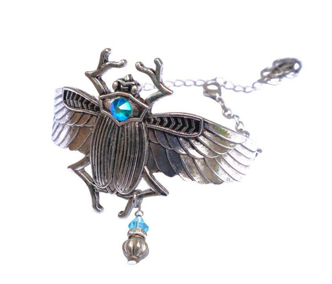 Adjustable Large Silver Scarab Beetle Cuff Bracelet Egyptian Protection ...