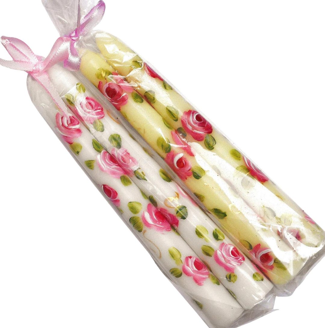 Hand-painted Pink Rose Taper Candles - Shabby Chic Floral Decor - Set ...