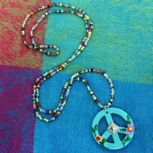 Long Beaded Peace Sign Pendant Necklace With Hand Painted Flowers ...