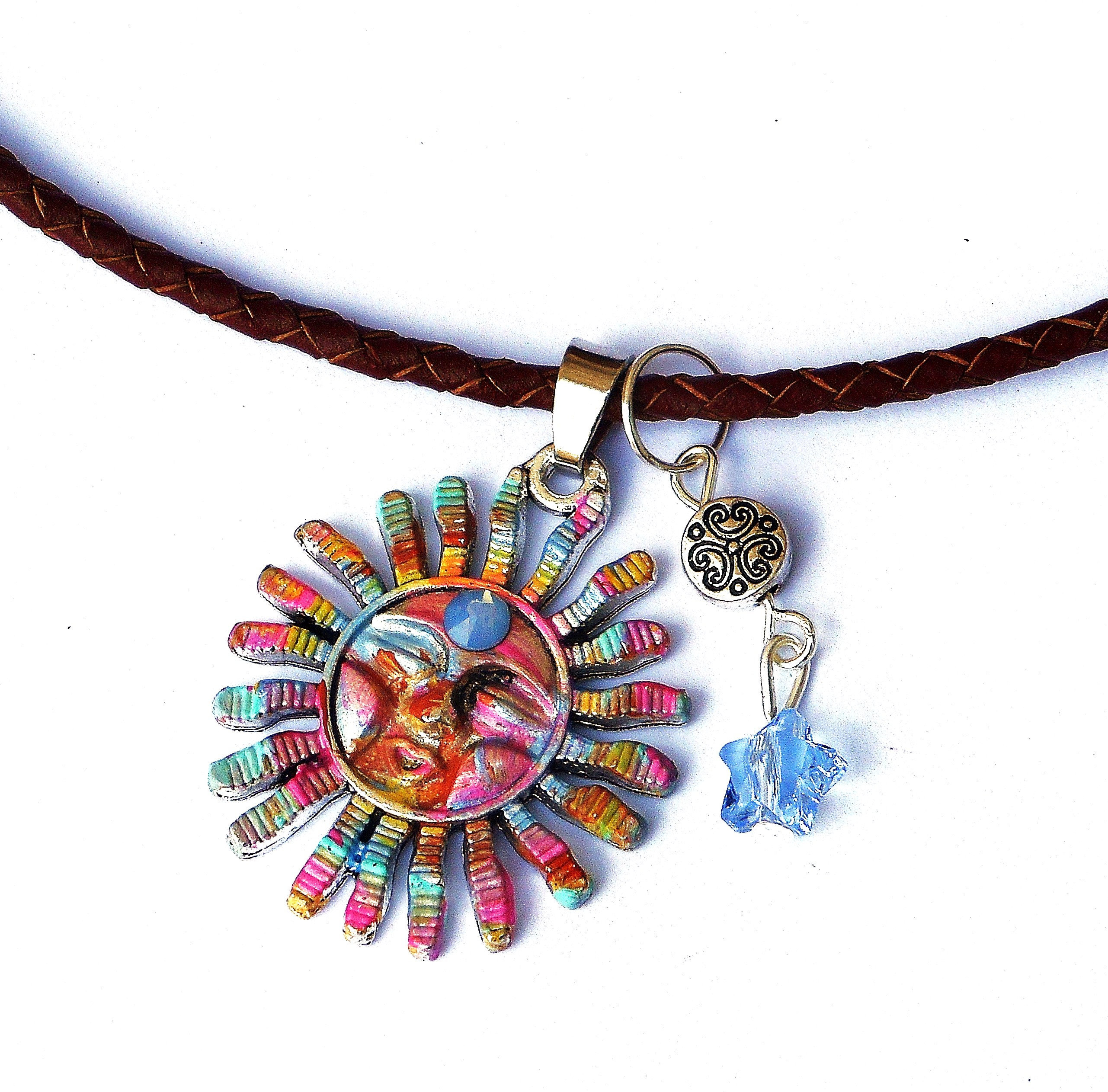 Boho Rainbow Sun Pendant Braided Leather Necklace Bohemian | Etsy