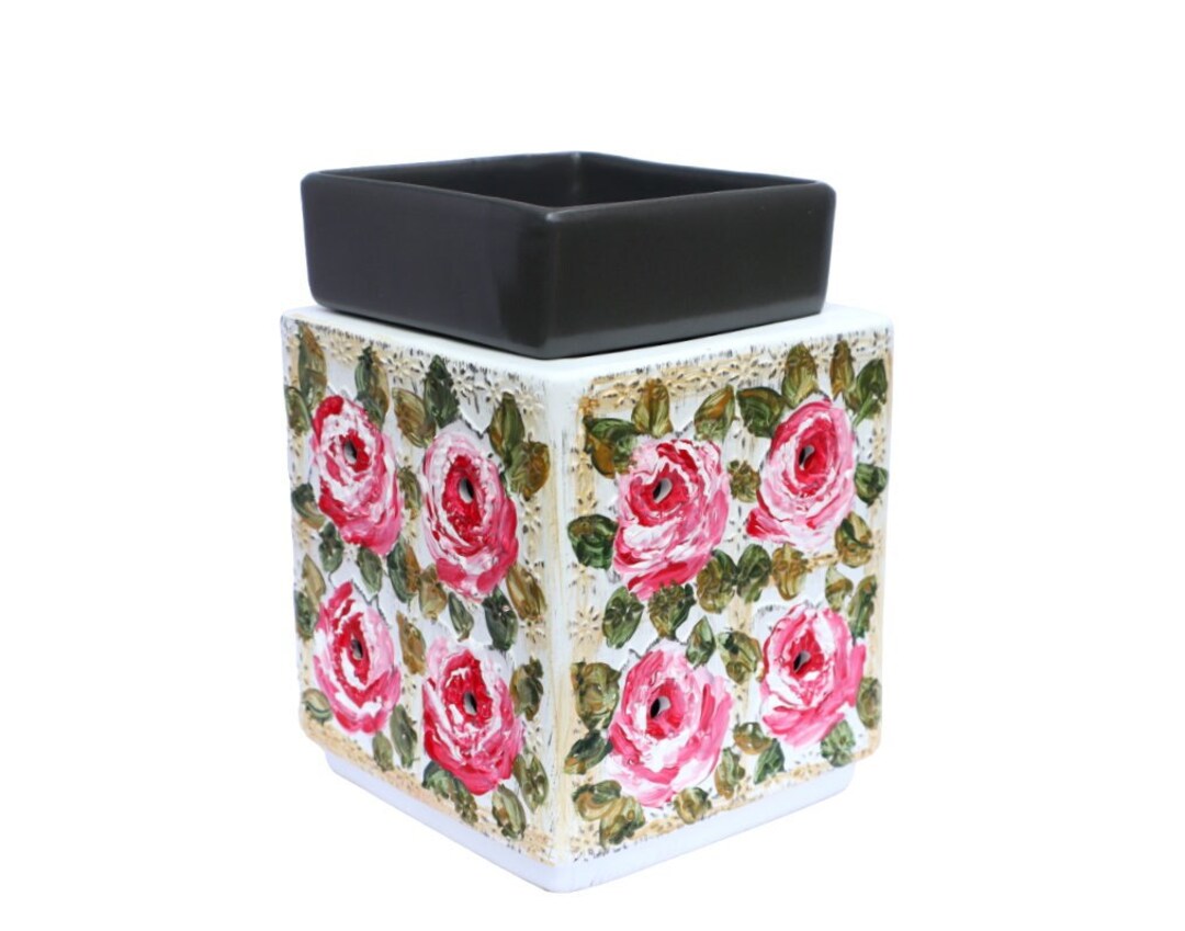 Hand Painted Pink Roses Large Electric Ceramic Wax Warmer Romantic ...