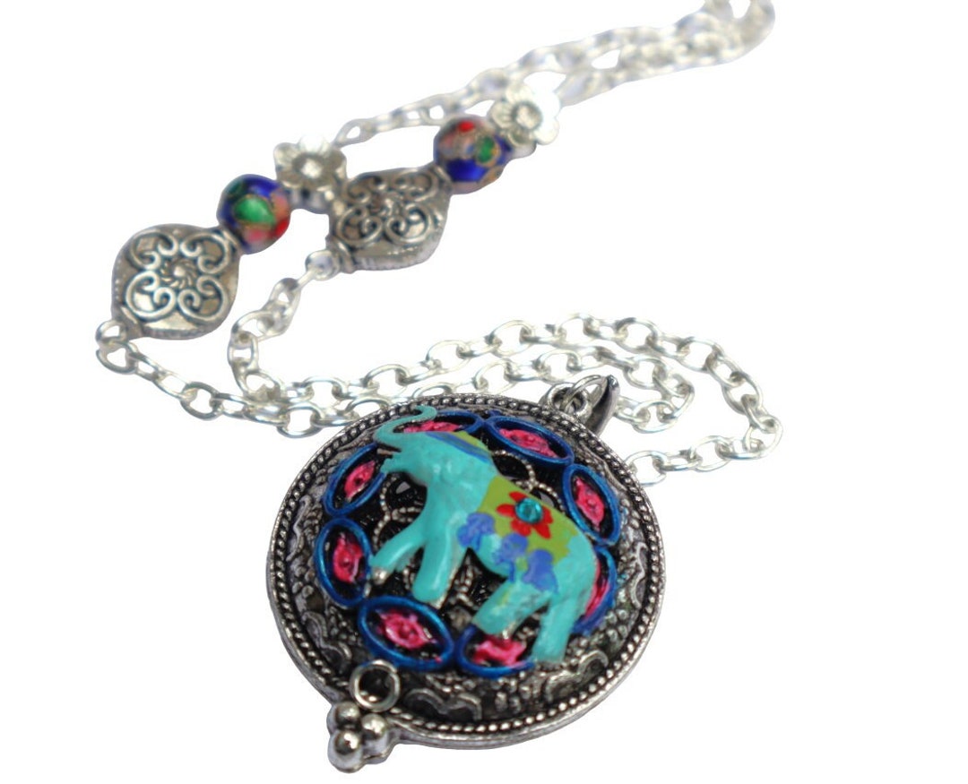 Long Silver Boho Elephant Essential Oil Locket Diffuser Necklace With ...
