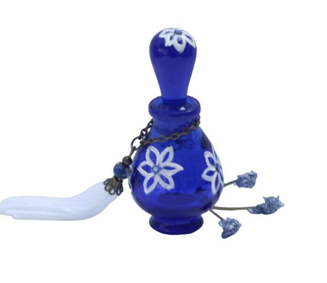 Mini Cobalt Blue Glass Perfume Bottle With Hand Painted White Flowers ...