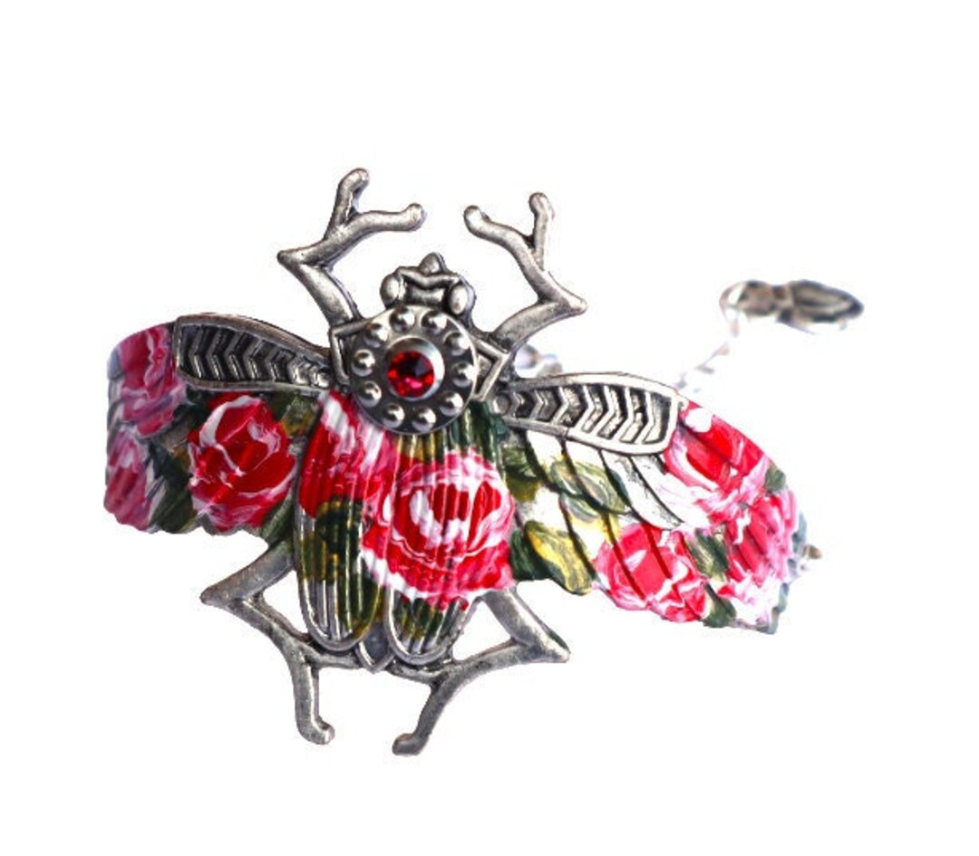 Adjustable Large Silver Winged Scarab Cuff Bracelet With Hand Painted ...