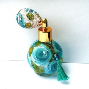 Hand Painted Blue Rose Perfume Bottle Atomizer Romantic Cottage Shabby ...