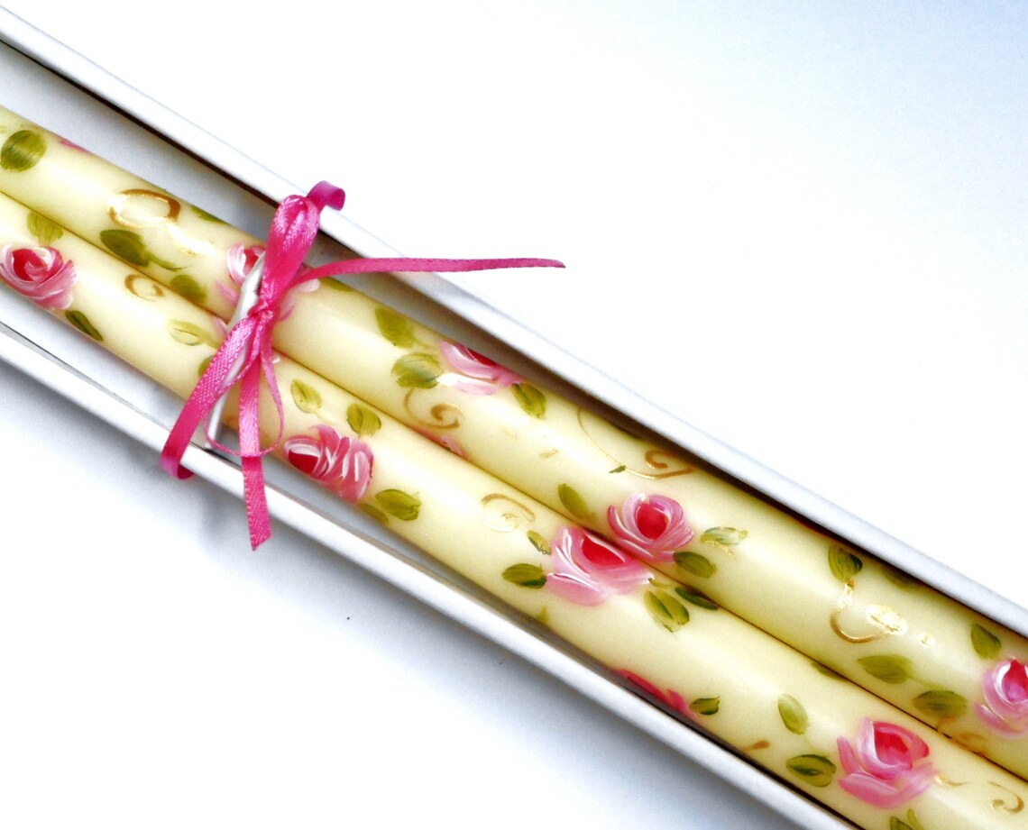 Decorative Hand Painted Pink Rose Taper Candles Romantic | Etsy