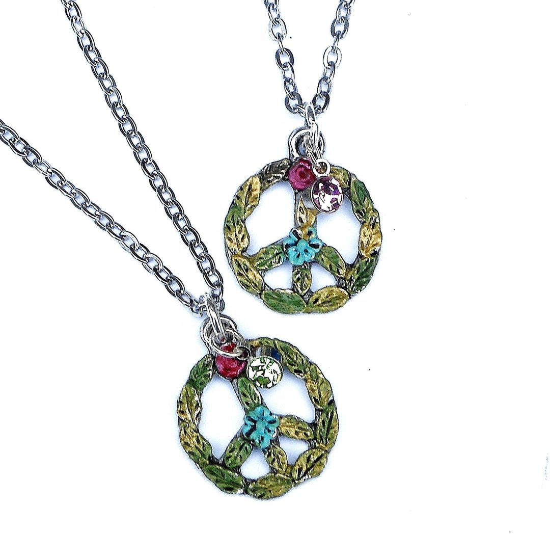 Little Peace Sign Charm Necklace Colorful Flowers Boho Hippie Jewelry ...