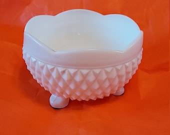Vintage Indiana White Milk Glass Three Footed Diamond Point Pattern ...