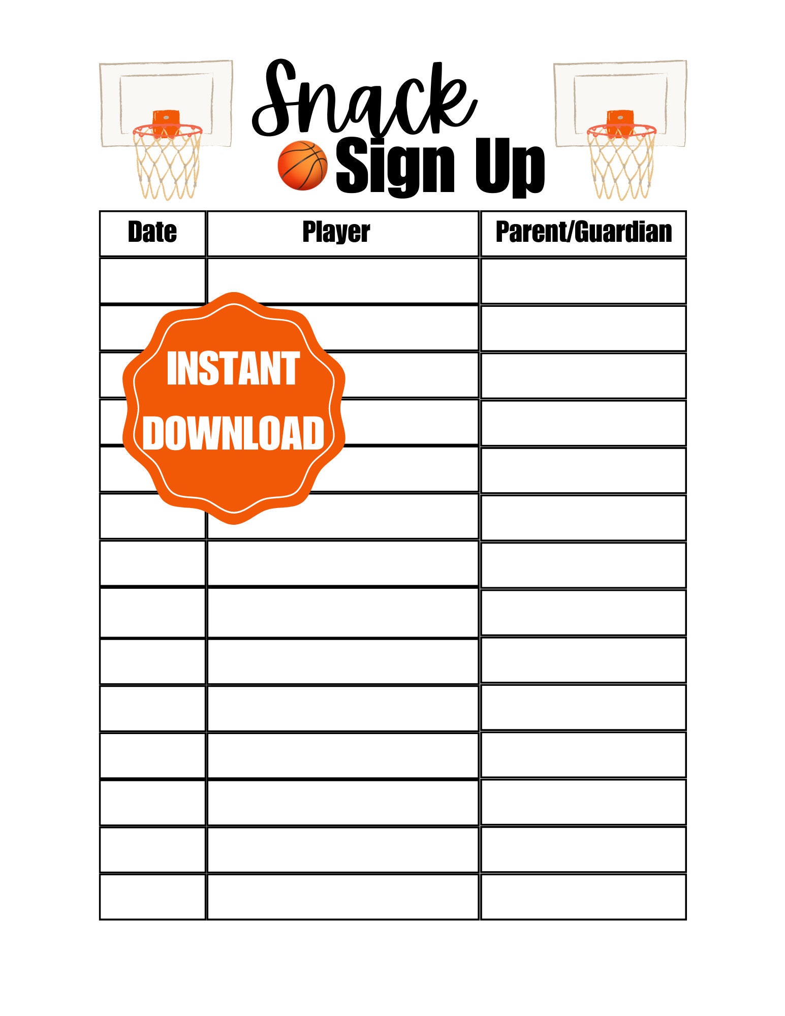 DIGITAL Basketball Snack Sign up Sheet Coach PDF Downloadable - Etsy