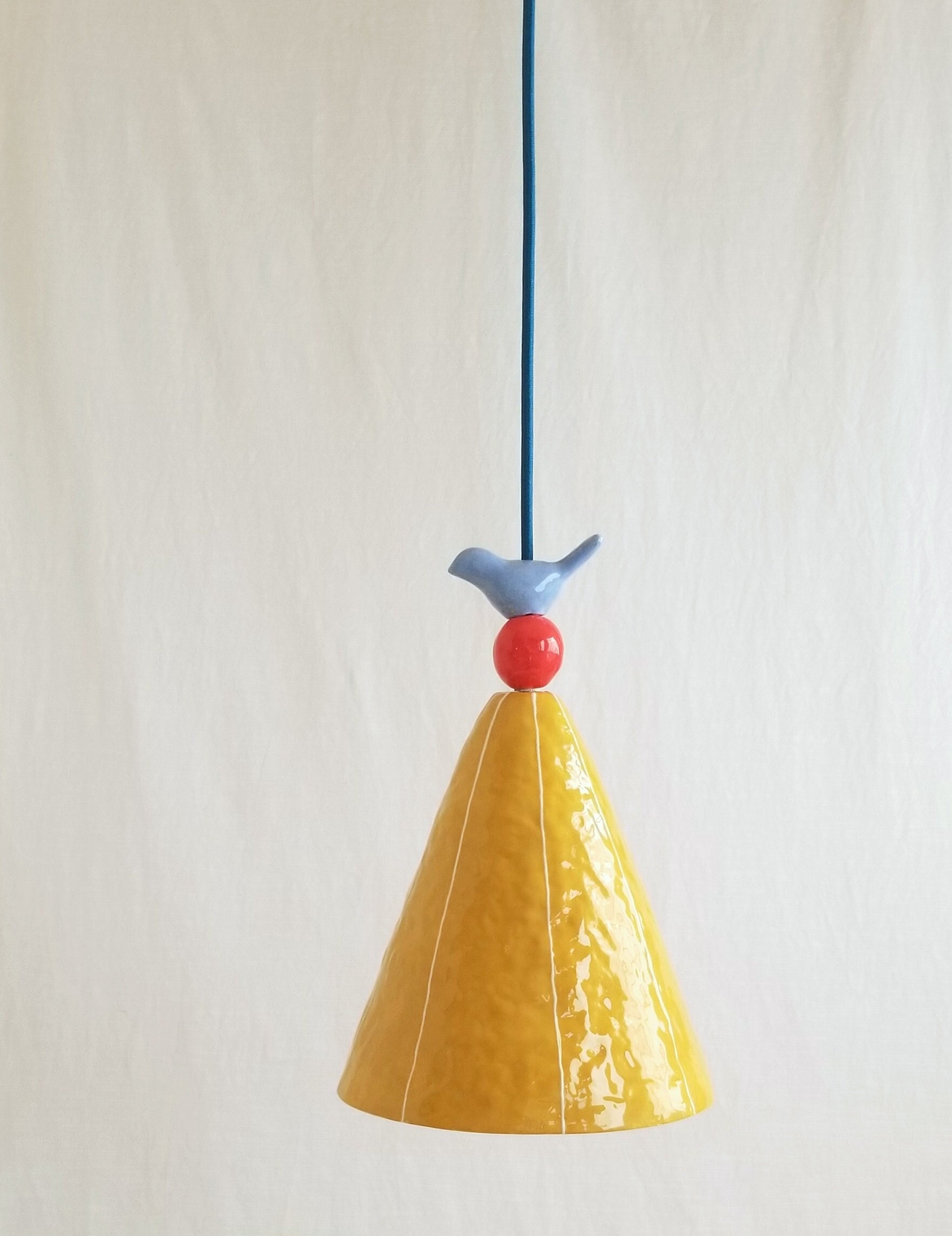 Pendant Light. Ceramic Cone With Bird & Bead Detail. Hardwire or Plugin ...