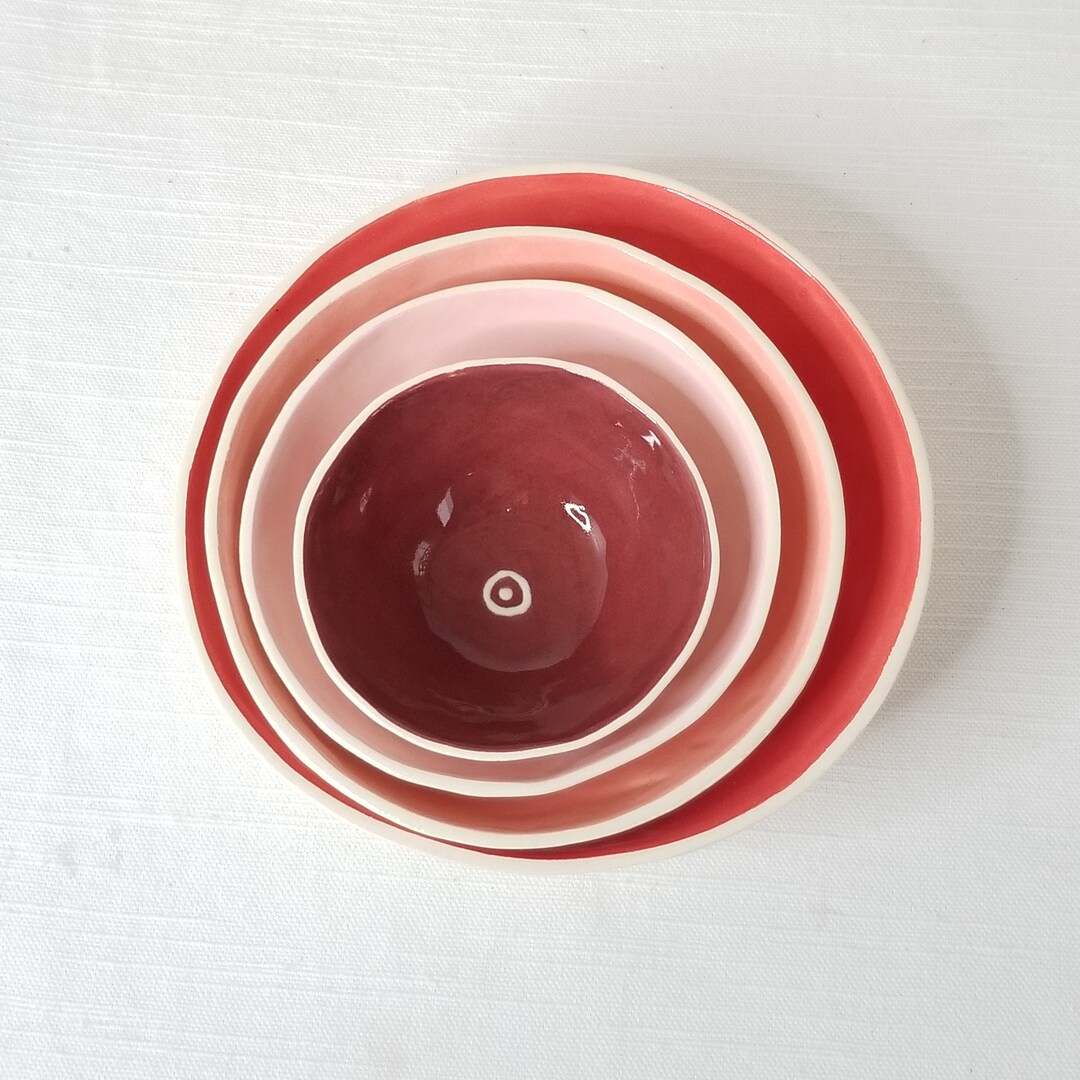 Set of 4 Small Nesting Ceramic Dishes in Red, Pink, Peach, & Maroon - Etsy