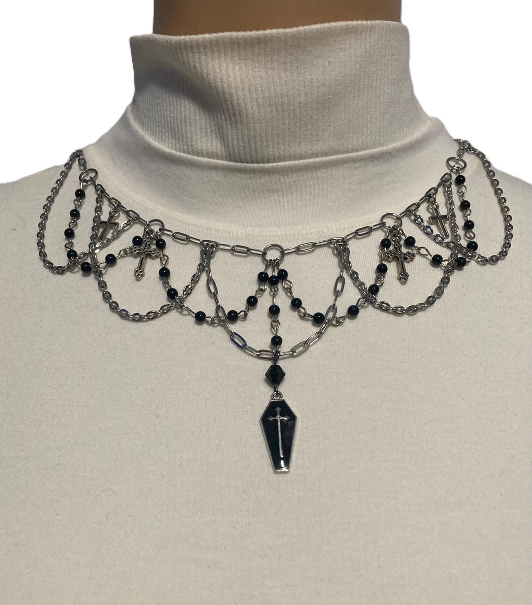 Black and Dark Silver Steel Bead Chain With Coffin and Cross Charms ...