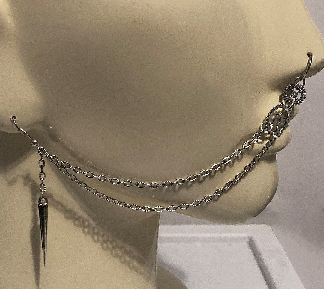 2 Strand Silver Gears and Spike Steampunk Style Nose Chain - Etsy