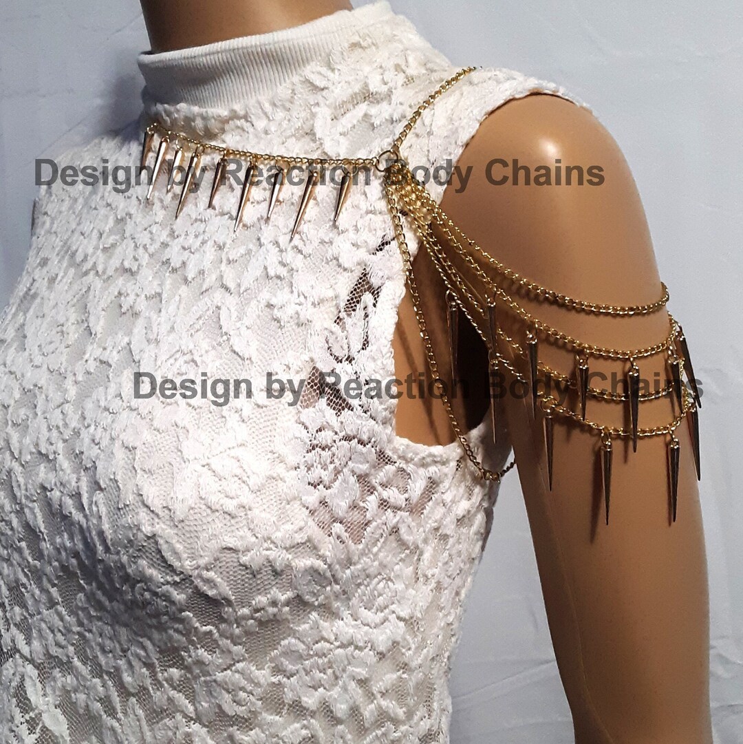 Double 2 Sided Spikes All Around Shoulder Chain Necklace in Gold ...