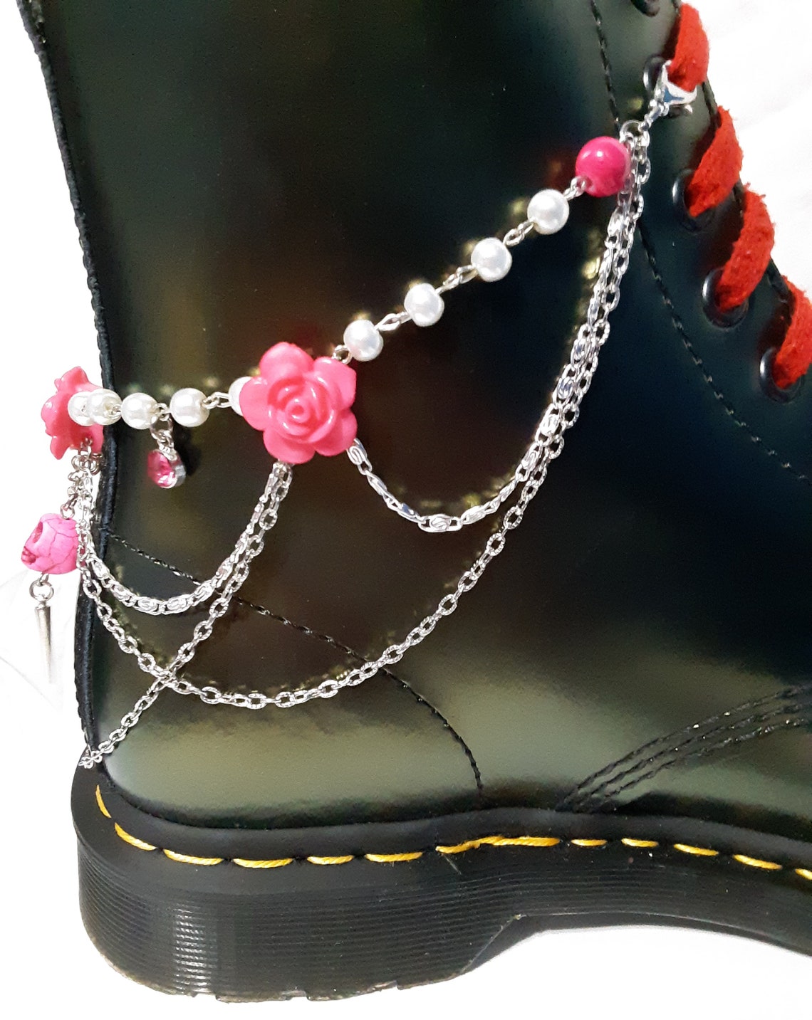 Pink Roses and Skull and Silver Spike With Glass Pearls and Silver ...