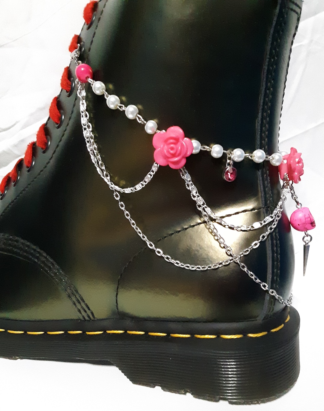 Pink Roses and Skull and Silver Spike With Glass Pearls and Silver ...