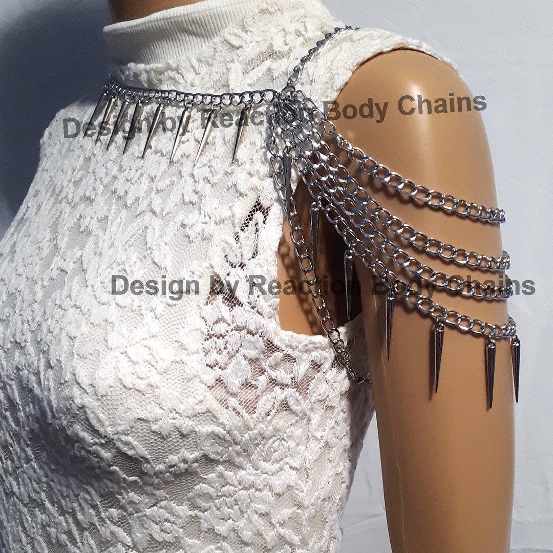 Spiked All Around Single Side Shoulder Chain Available in Silver or ...