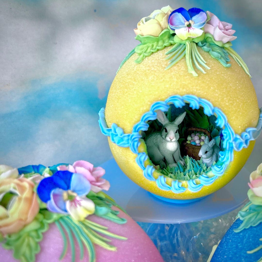 Sugar Bunnies and Easter Basket in Large Sugar Egg, Hollow Panoramic Easter Egg With Scene ...