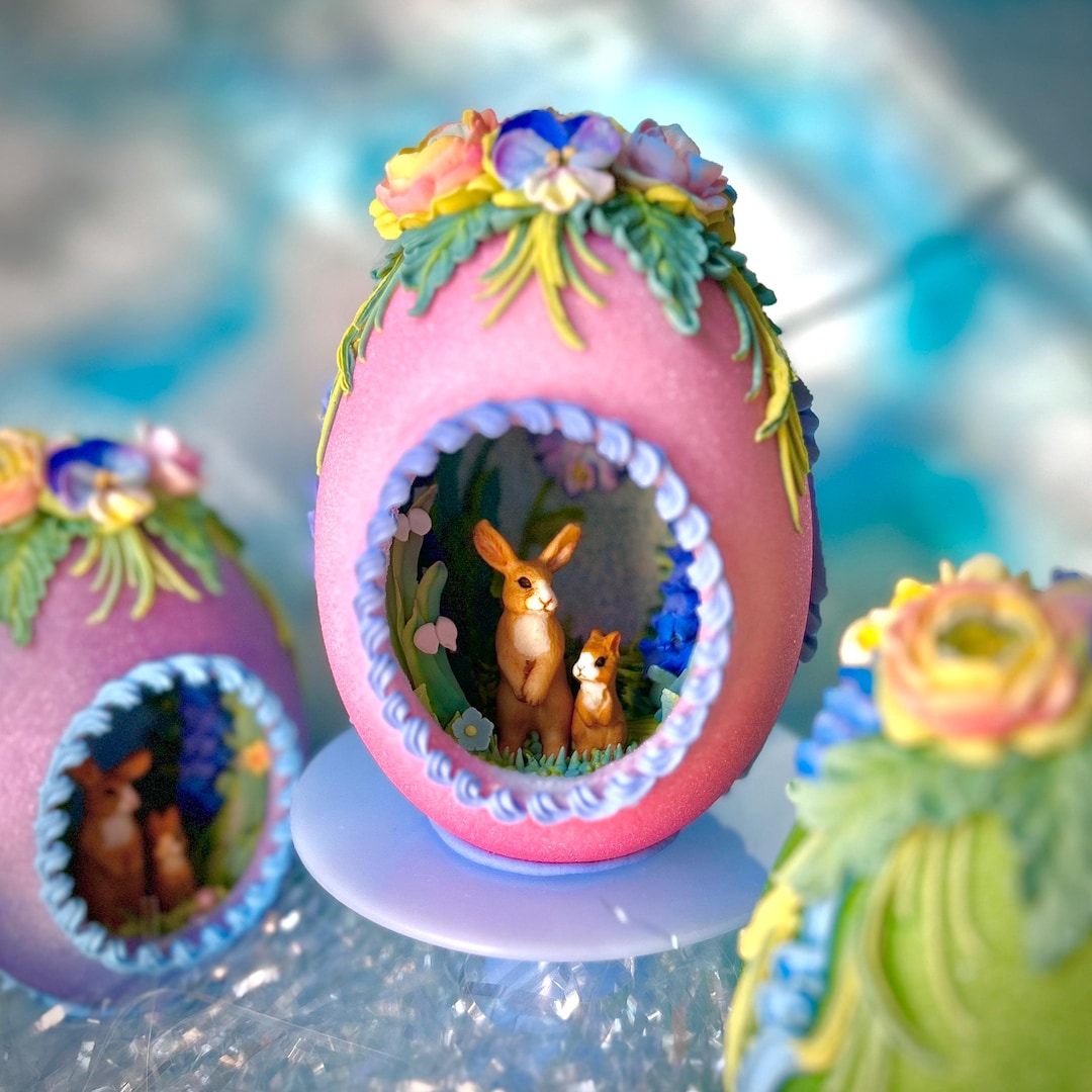 Sugar Bunnies in Large Panoramic Sugar Egg for Easter Basket, Nostalgic Gift, Hollow Easter Egg ...
