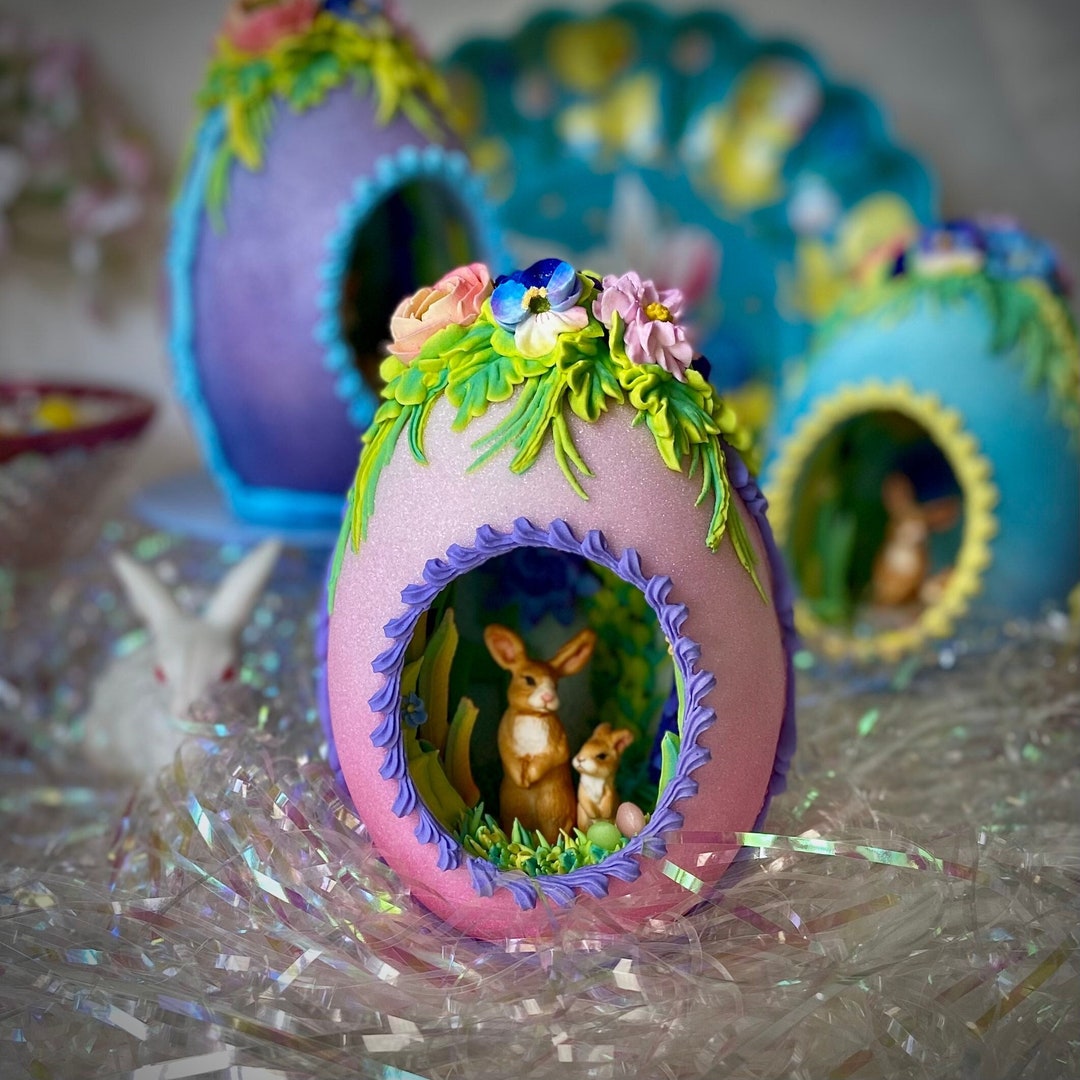 Large Panoramic Sugar Easter Egg for Easter Basket Containing Pair of Handmade Sugar Bunnies ...