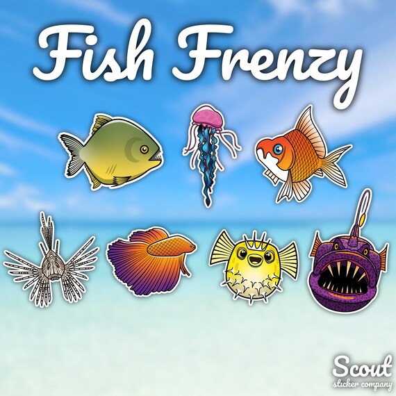 Fish frenzy sticker pack white glossy vinyl fish sticker | Etsy