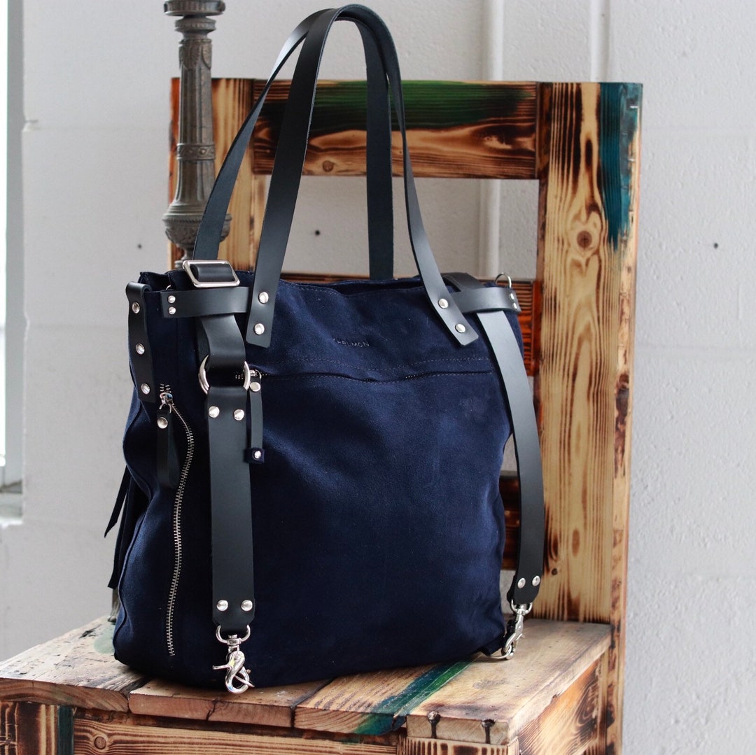 Midnight Blue Leather Backpack, Convertible Backpack Crossbody Tote ...