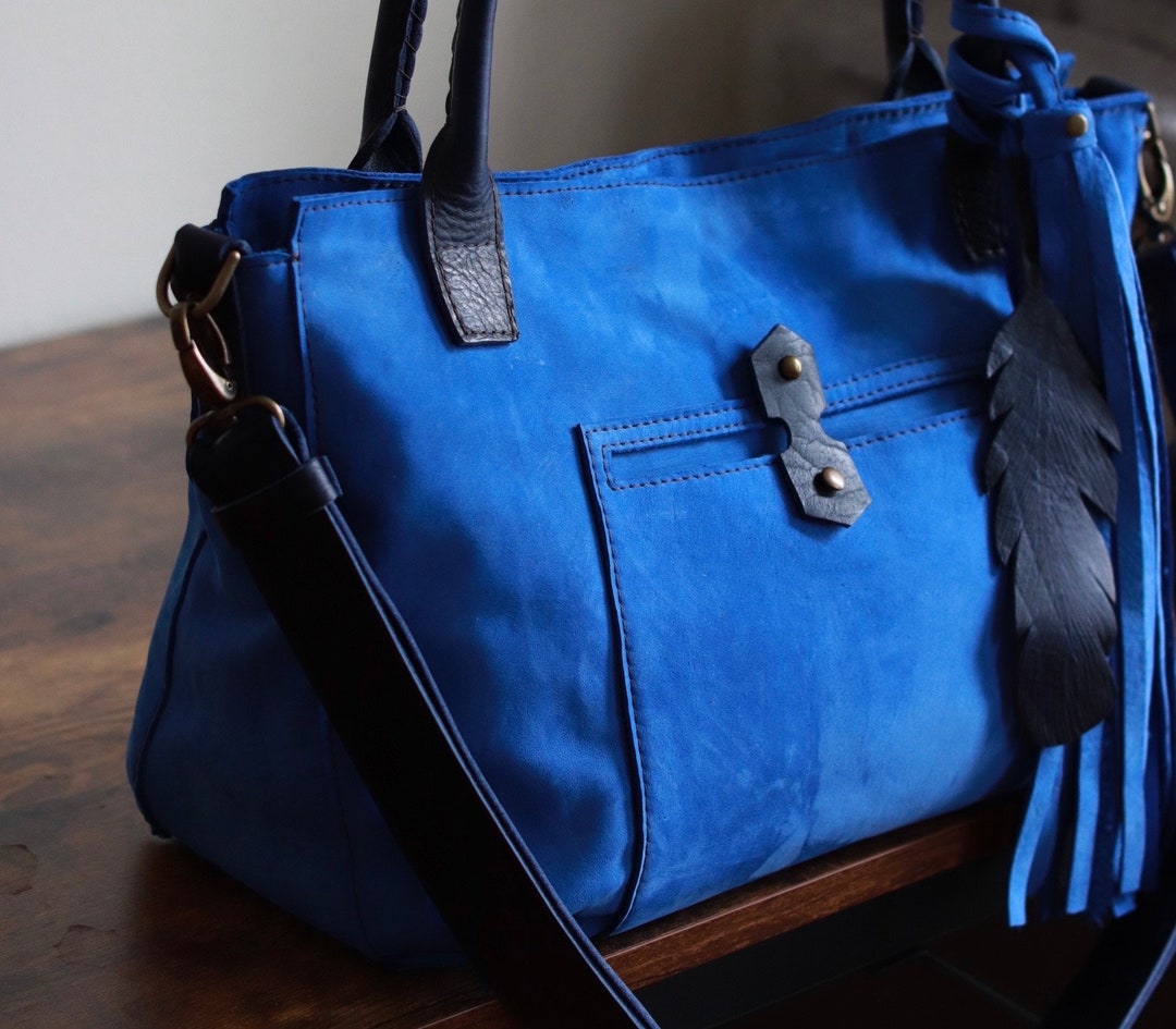 Sky Blue Nubuck Leather Bag Women, Leather Crossbody Tote Bag, Large ...