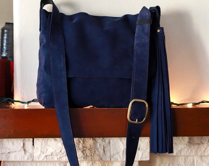 Navy Blue Suede Shoulder Bag Minimalist Style Leather Bag - Etsy