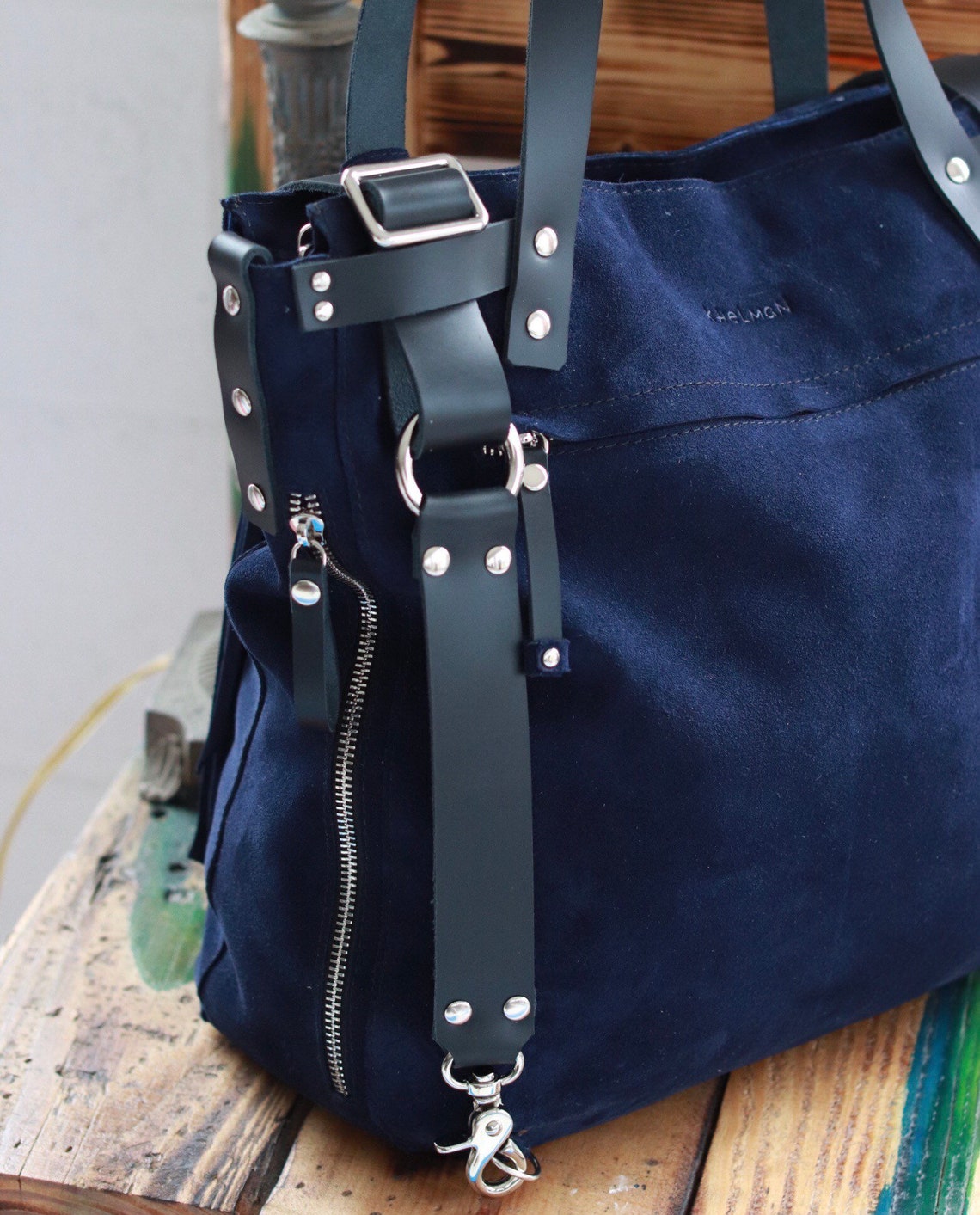Midnight blue leather backpack convertible backpack crossbody | Etsy