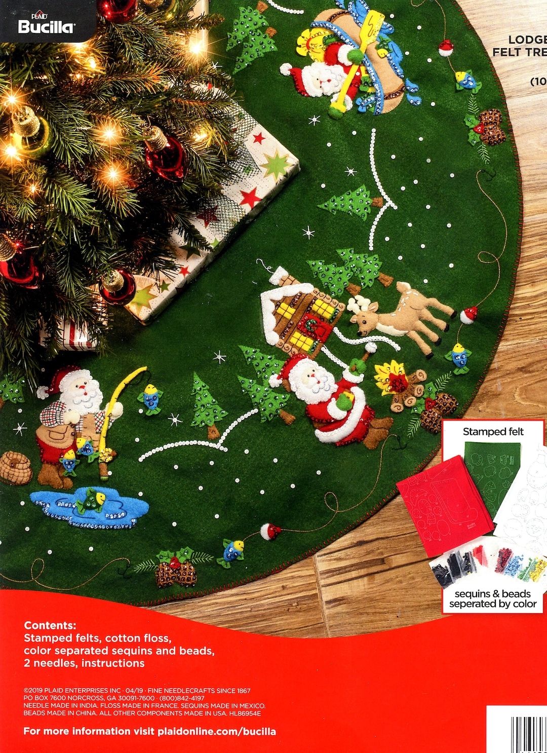 Bucilla Lodge Santa ~ 43" Felt Christmas Tree Skirt Kit #86954 Fishing ...