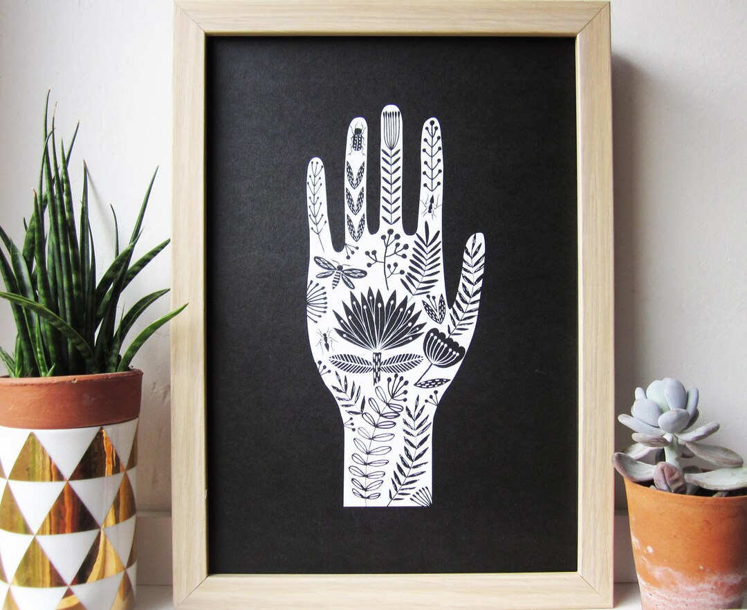 A4 Art Print, Folk Art Hand Illustration With Black Background - Etsy