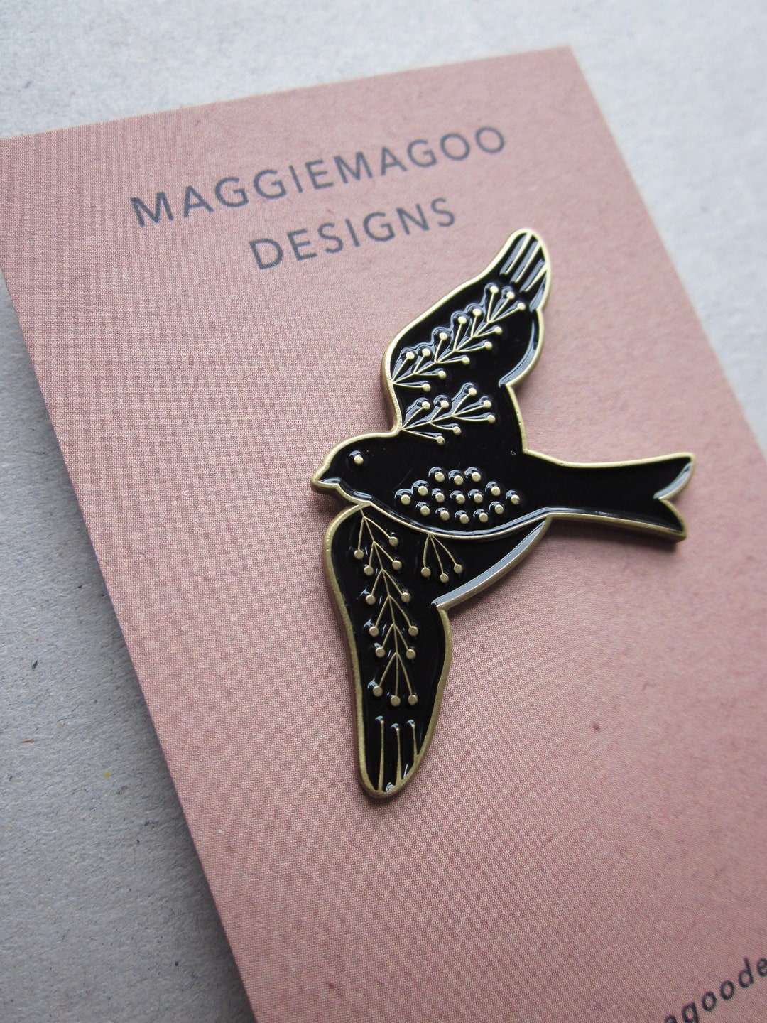 Bird Enamel Pin Brooch, Black and Gold Metal, Swallow Folk Design - Etsy
