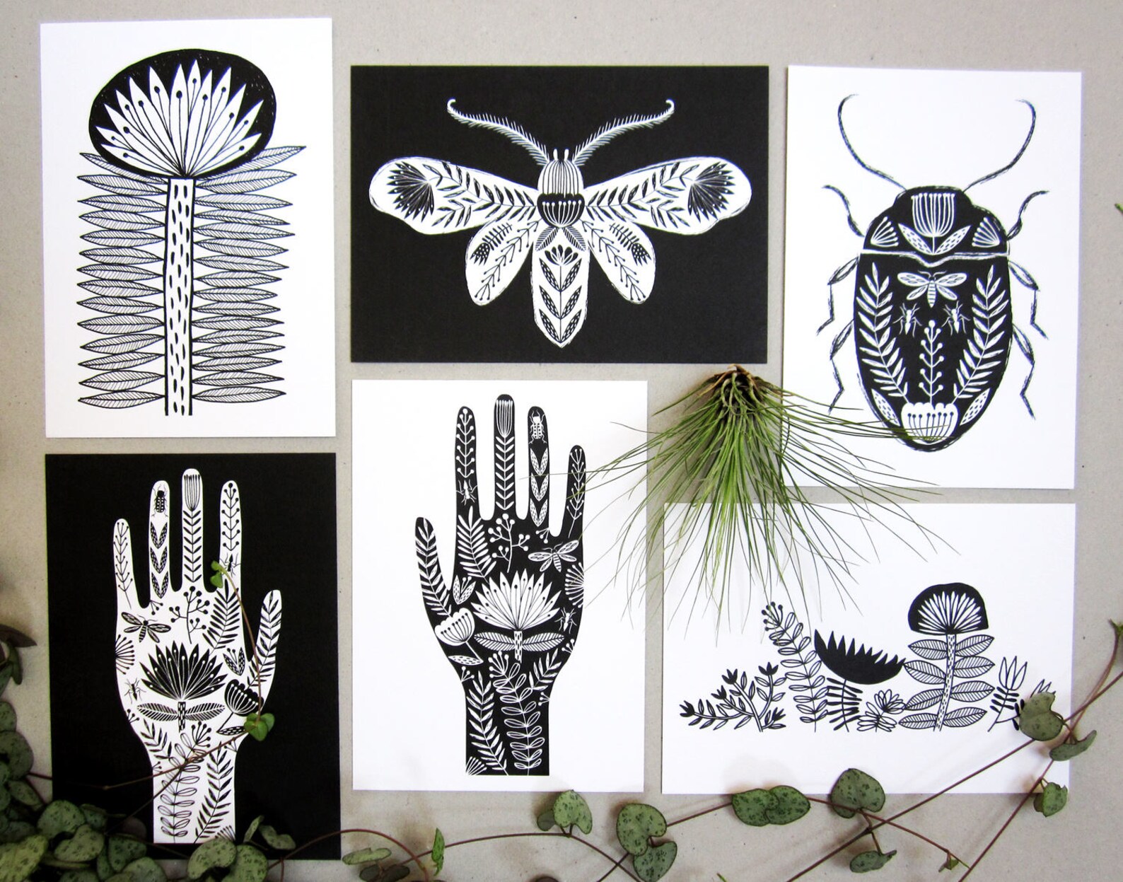 Folk art postcard pack black and white monochrome | Etsy