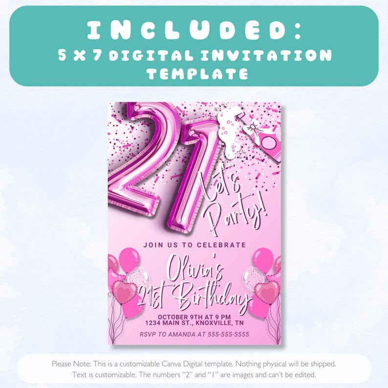Pink 21st Birthday Invitation Template - Let's Party - Etsy