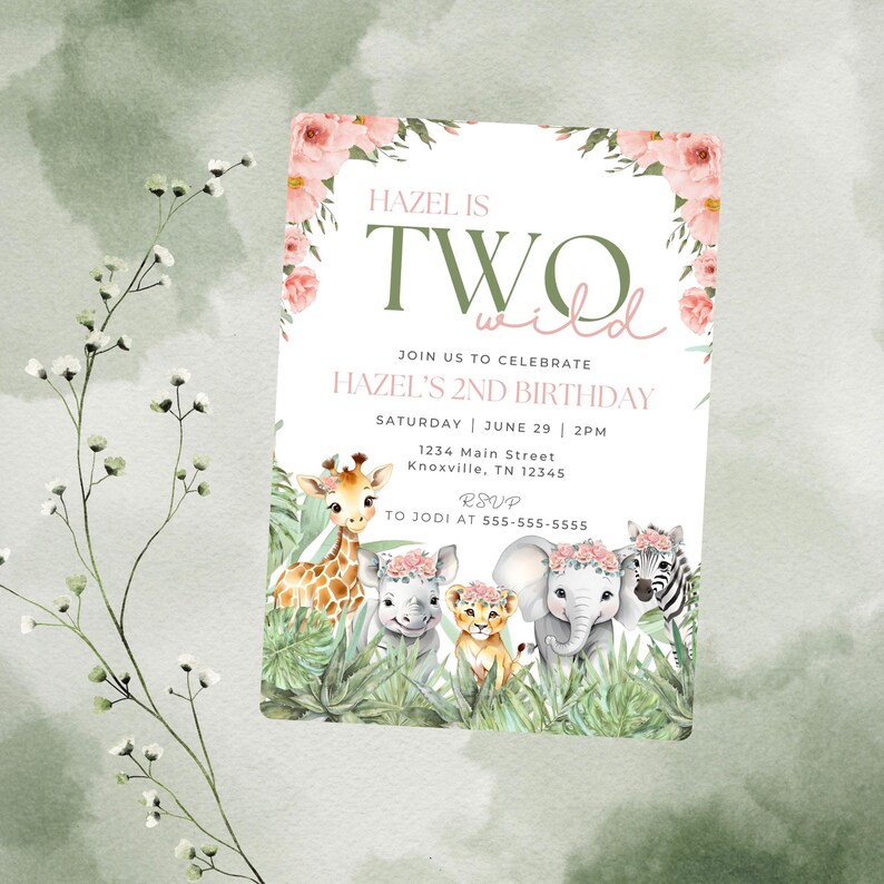 Adorable Two Wild Birthday Safari Girl Birthday Invitation, Cute Jungle ...